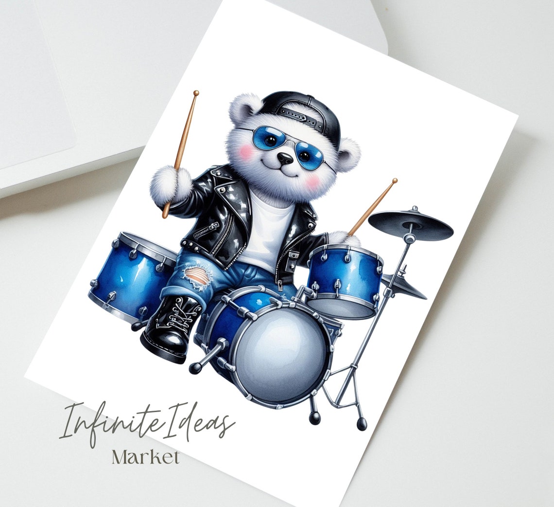 Whimsical Polar Bear Music Clipart - Guitar, Drums - Instant Download ...