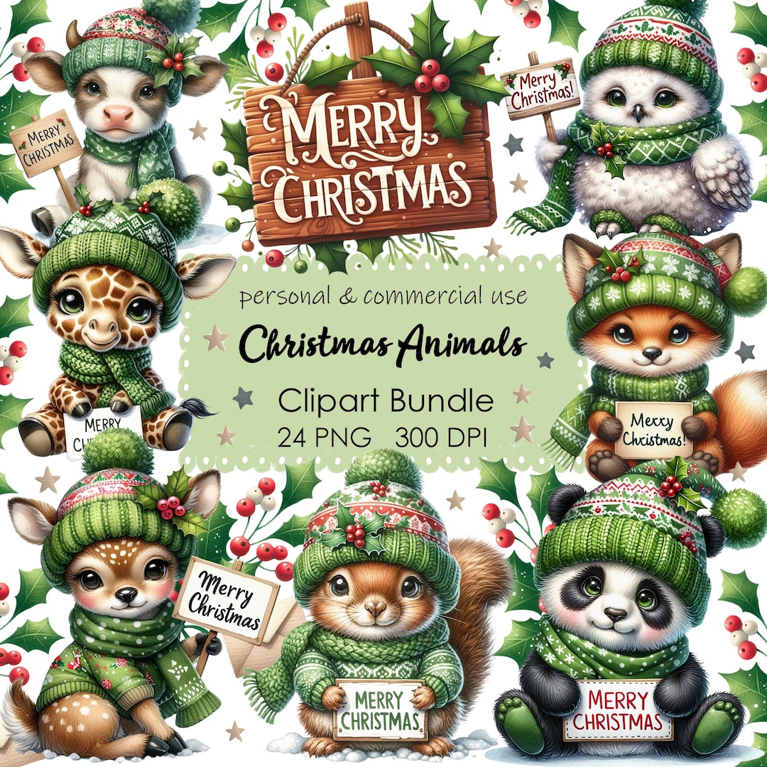 Winter Animals Clipart Bundle - Christmas Owl Fox Deer Giraffe Panda ...