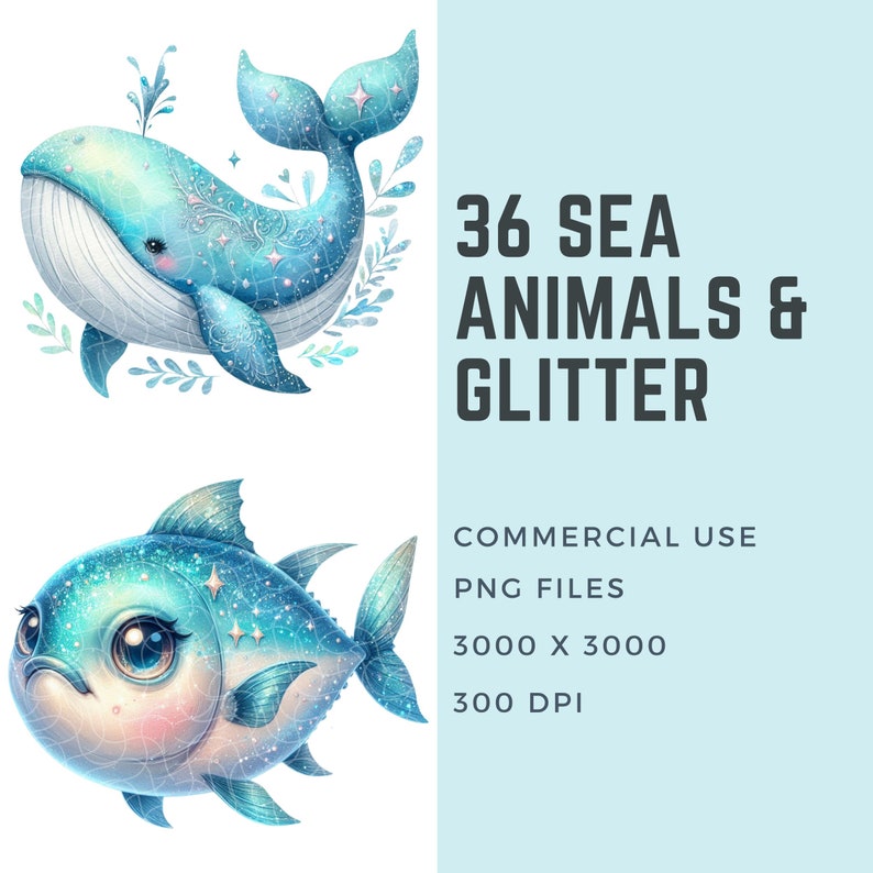 Adorable Glitter Sea Animals Clipart Pack Cute Underwater Creatures ...