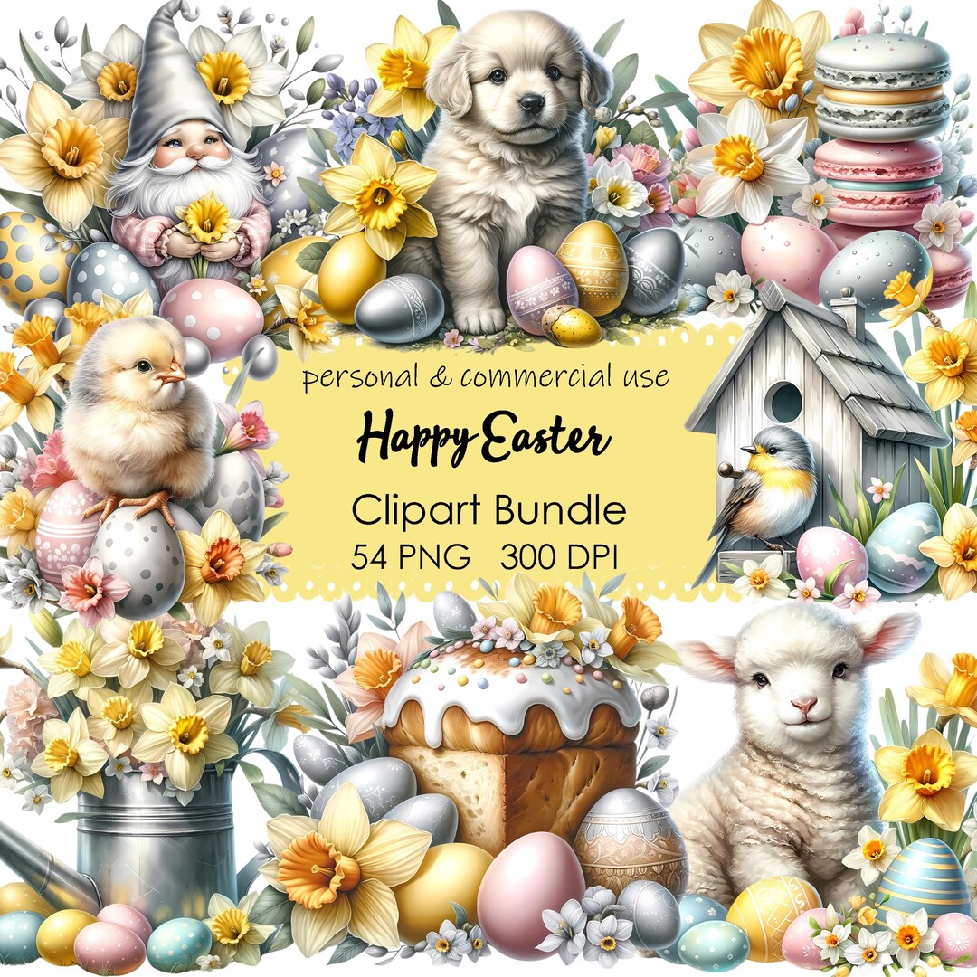 Whimsical Easter Clipart Bundle - Bunny, Eggs, Spring Design Elements ...