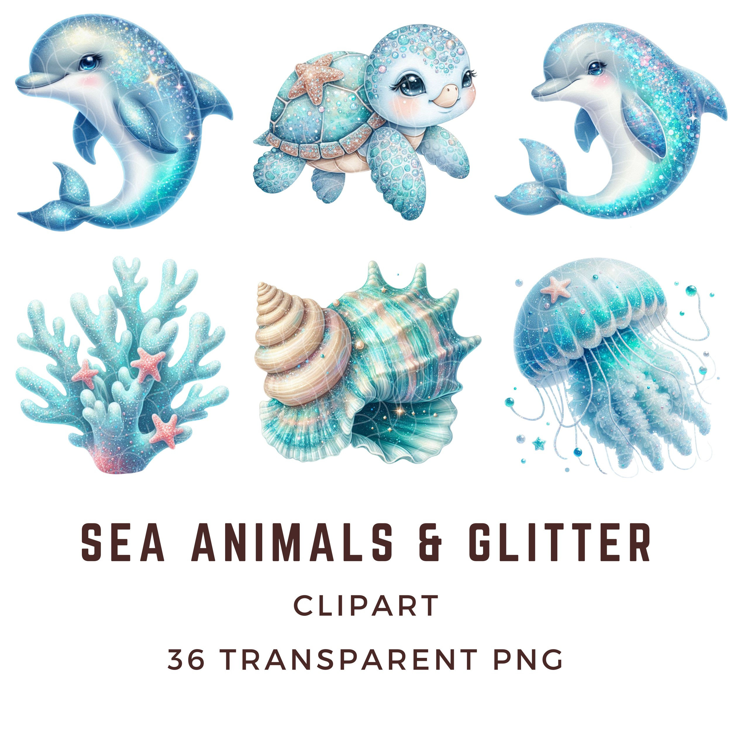 Adorable Glitter Sea Animals Clipart Pack - Cute Underwater Creatures ...