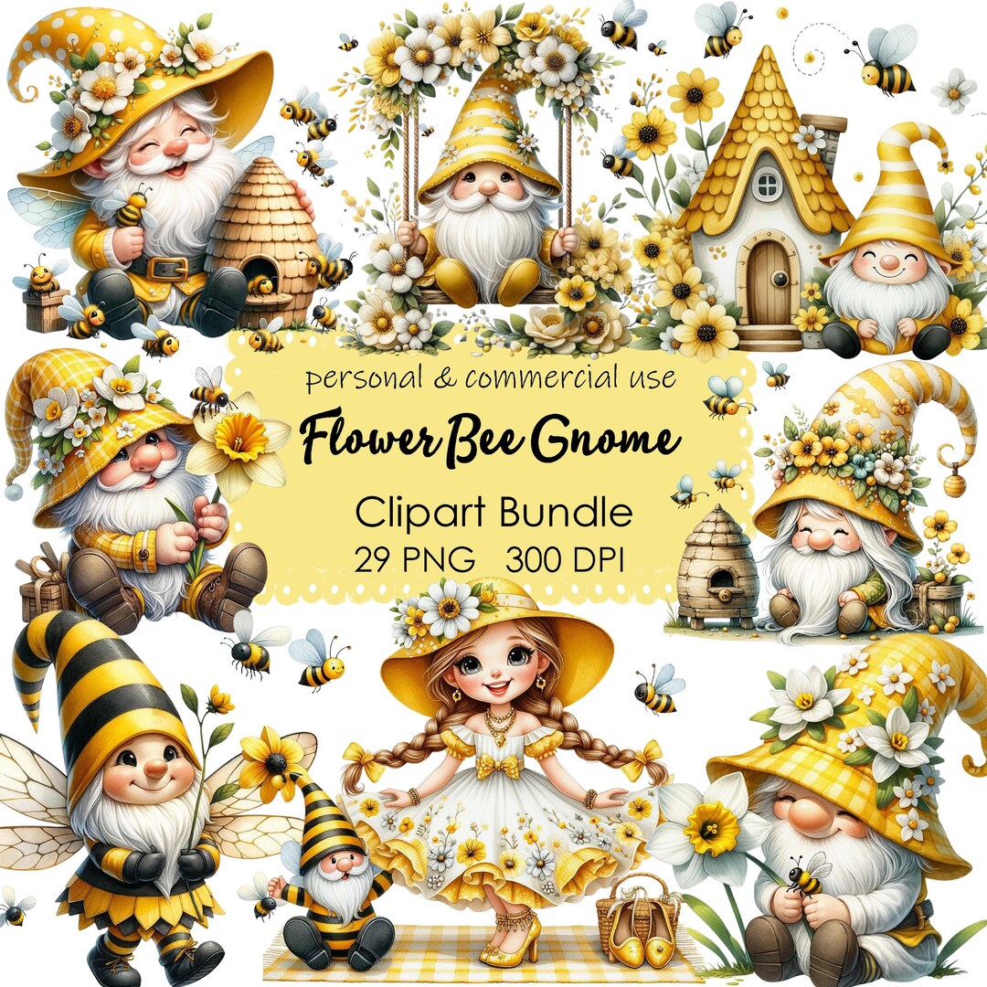 Watercolor Flower Bee Gnome Clipart Bundle: Spring Garden PNG (digital ...