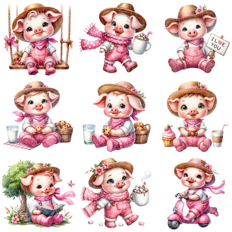 Farm Animal Watercolor Clipart Set 45 Pink Pig PNG Images for Card ...