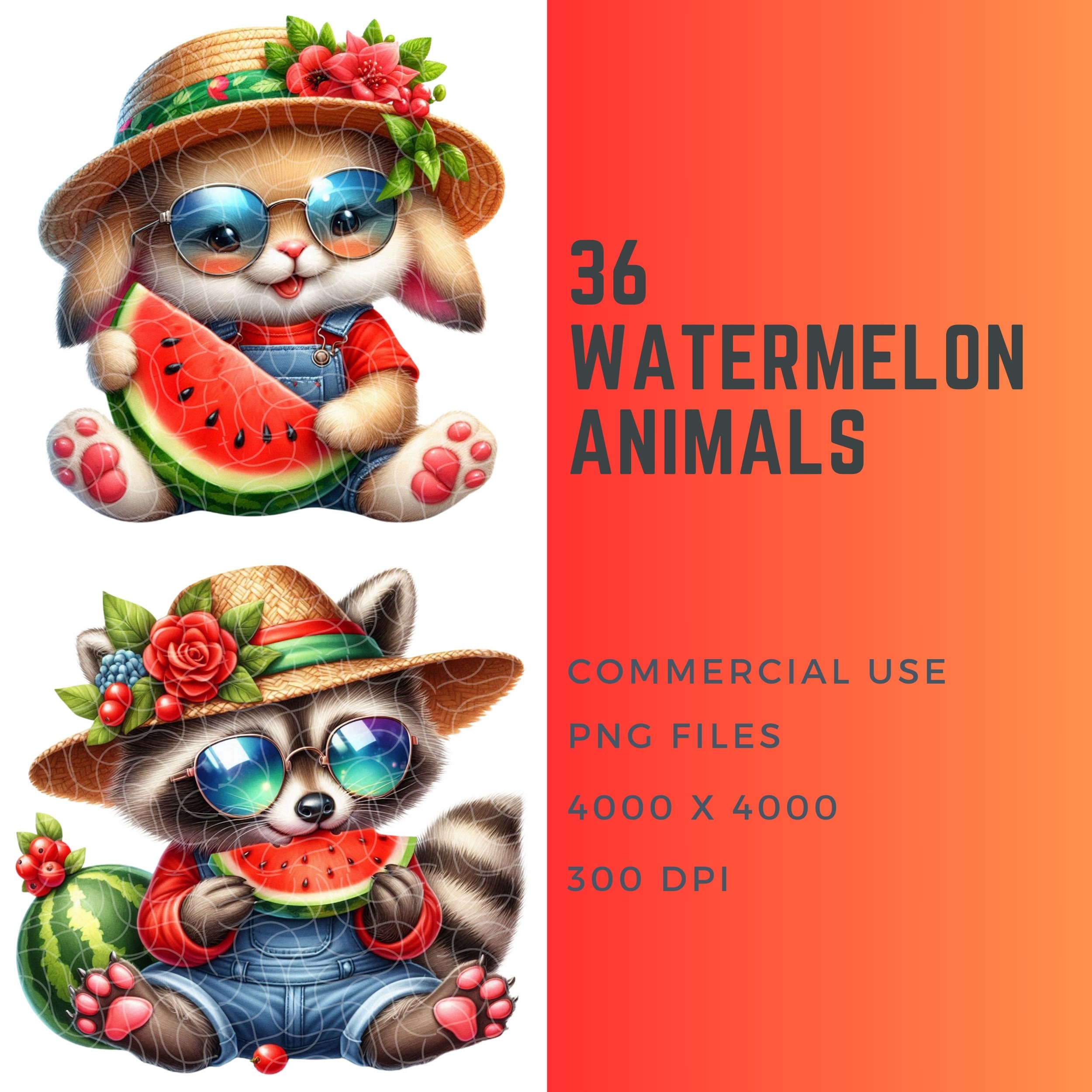 Watermelon Animals Clipart: Summer PNG Bundle (36 Files) - Etsy