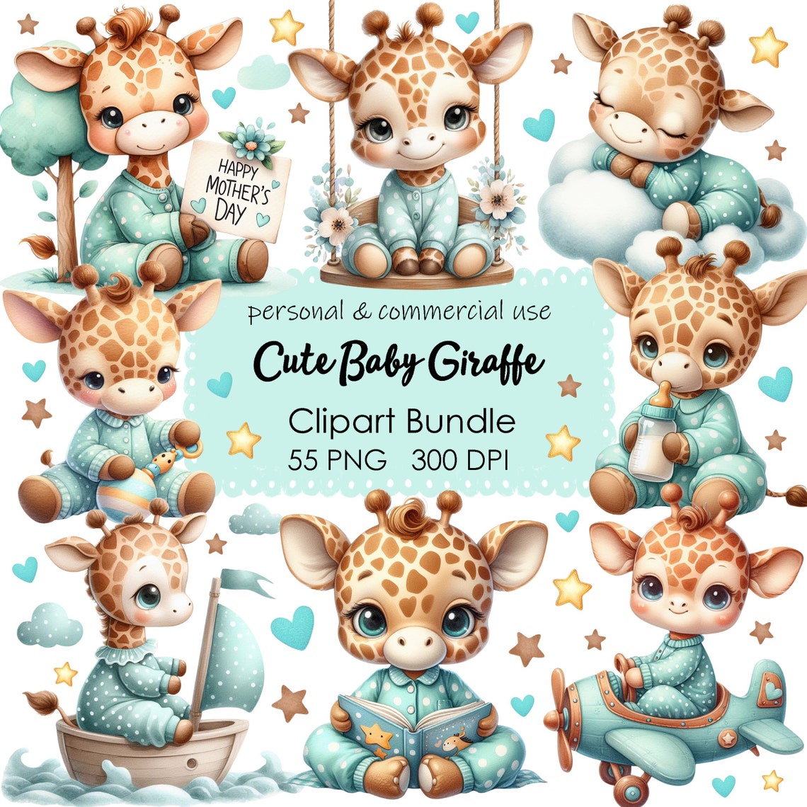 Whimsical Giraffe Clipart Set for Baby Shower Mint Green Nursery Decor ...