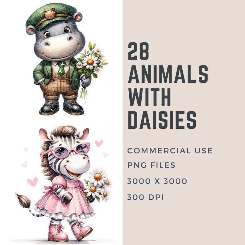 Daisy Animals Clipart: Floral PNG Bundle (digital Download) - Etsy