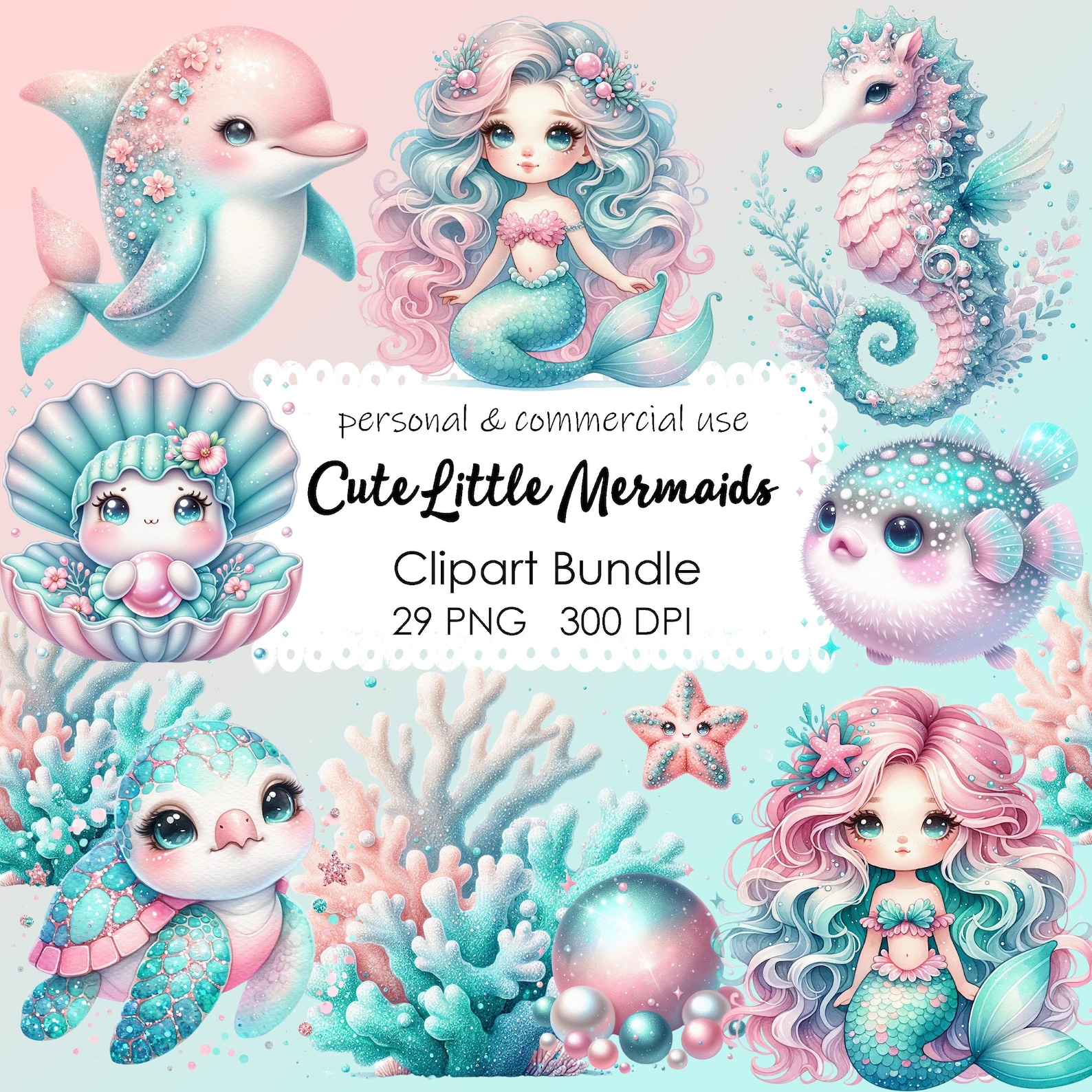 Cute Little Mermaids Clipart, Watercolor Mermaids Clipart, Mermaid PNG ...