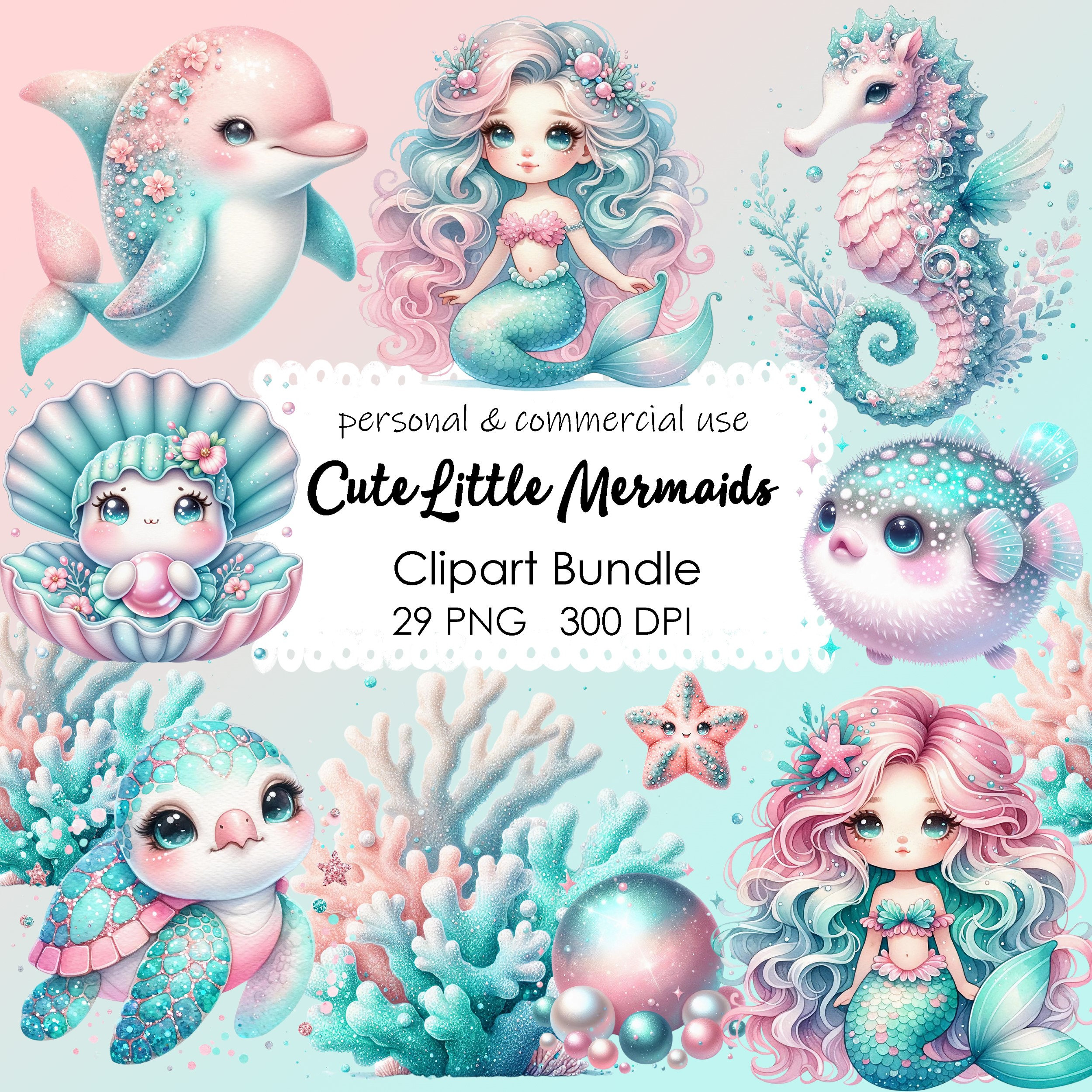 Cute Little Mermaids Clipart, Watercolor Mermaids Clipart, Mermaid PNG ...