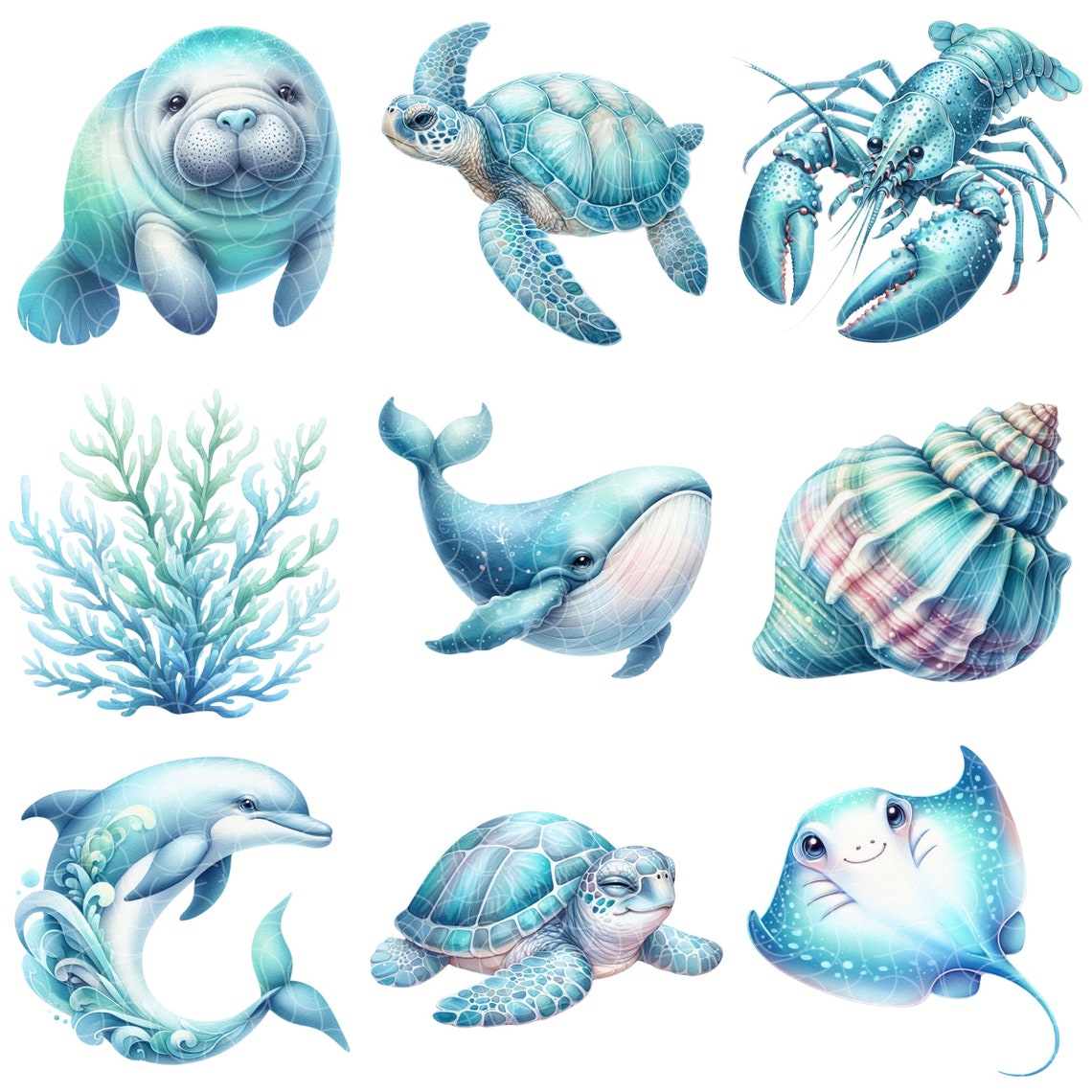 Under the Sea Clipart Bundle Cute Watercolor Ocean Animals PNG Instant ...