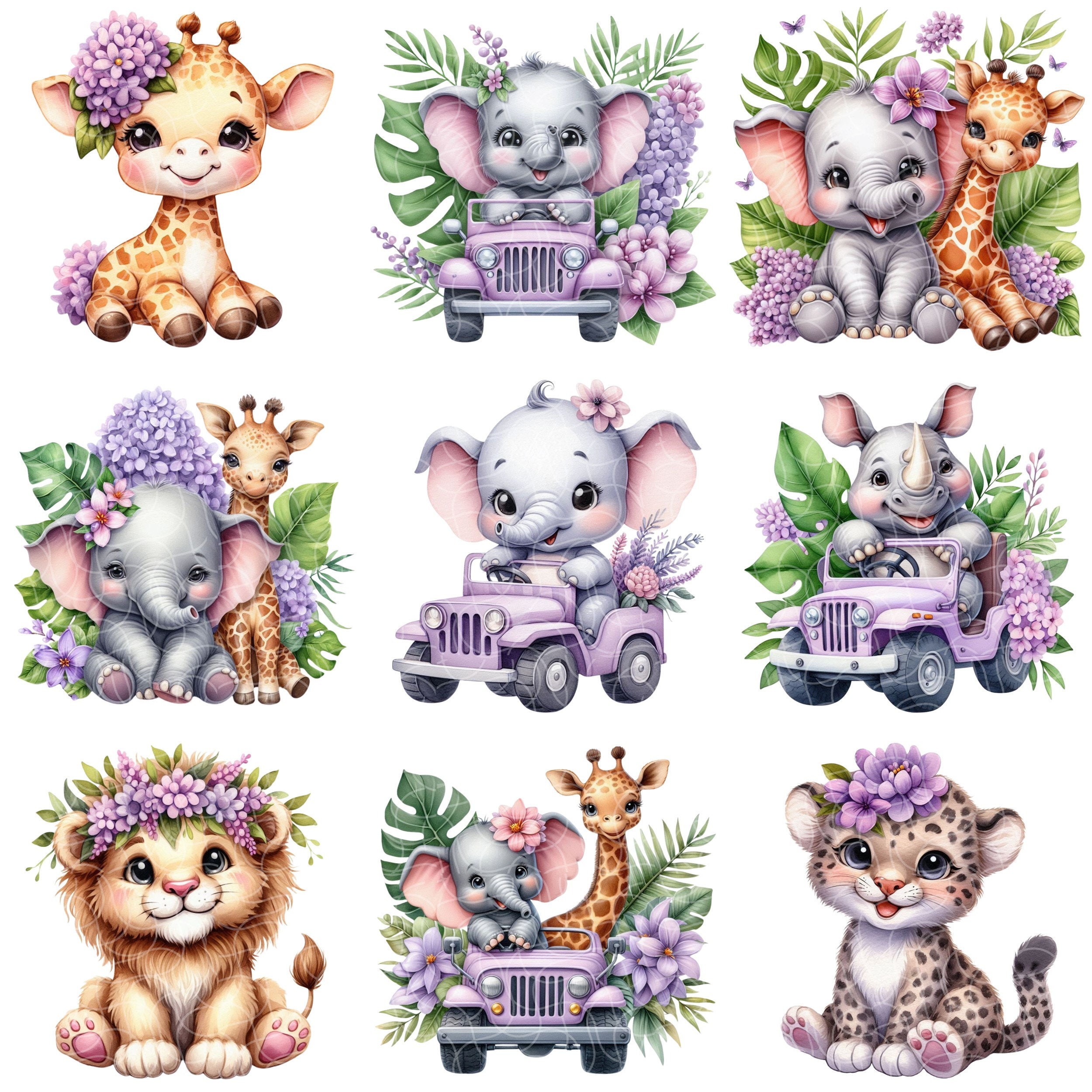 Watercolor Sweet Safari Clipart, Purple Safari Clipart, Jungle Animals ...