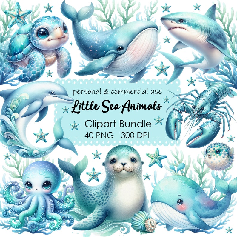 Under the Sea Clipart Bundle Cute Watercolor Ocean Animals PNG Instant ...