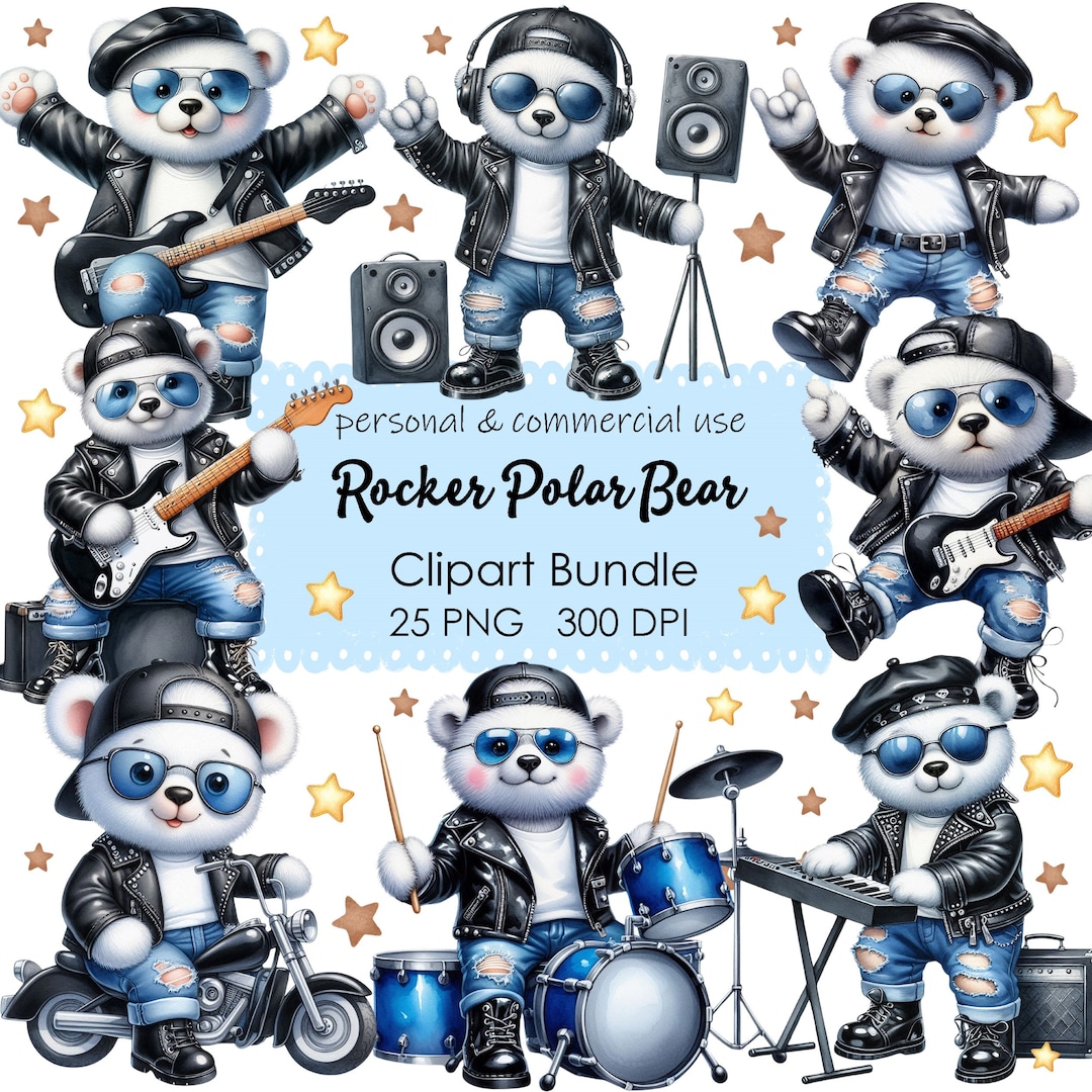 Whimsical Polar Bear Music Clipart - Guitar, Drums - Instant Download ...