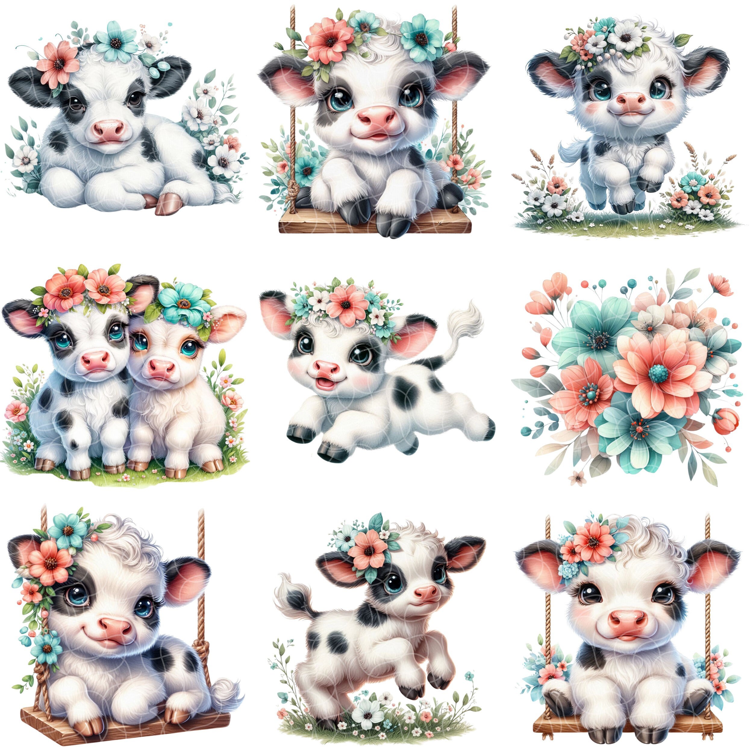 Cute Watercolor Baby Cows Clipart Collection - Instant Download PNG ...