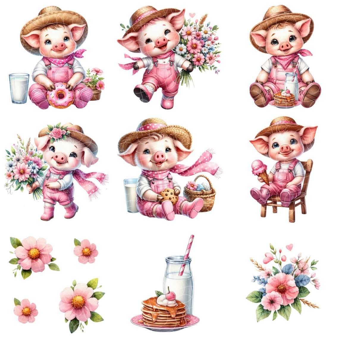 Farm Animal Watercolor Clipart Set 45 Pink Pig PNG Images for Card ...