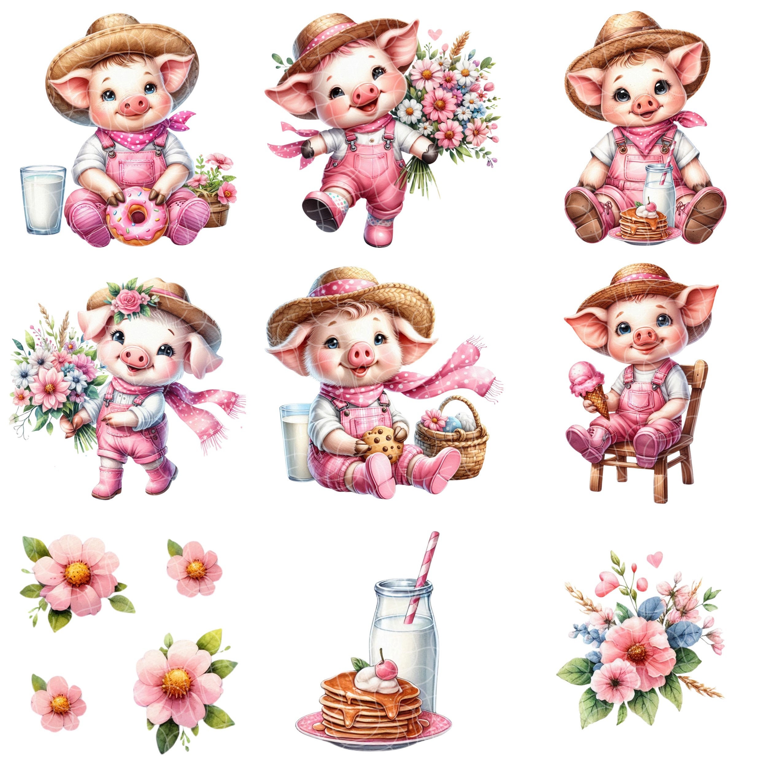 Farm Animal Watercolor Clipart Set 45 Pink Pig PNG Images for Card ...