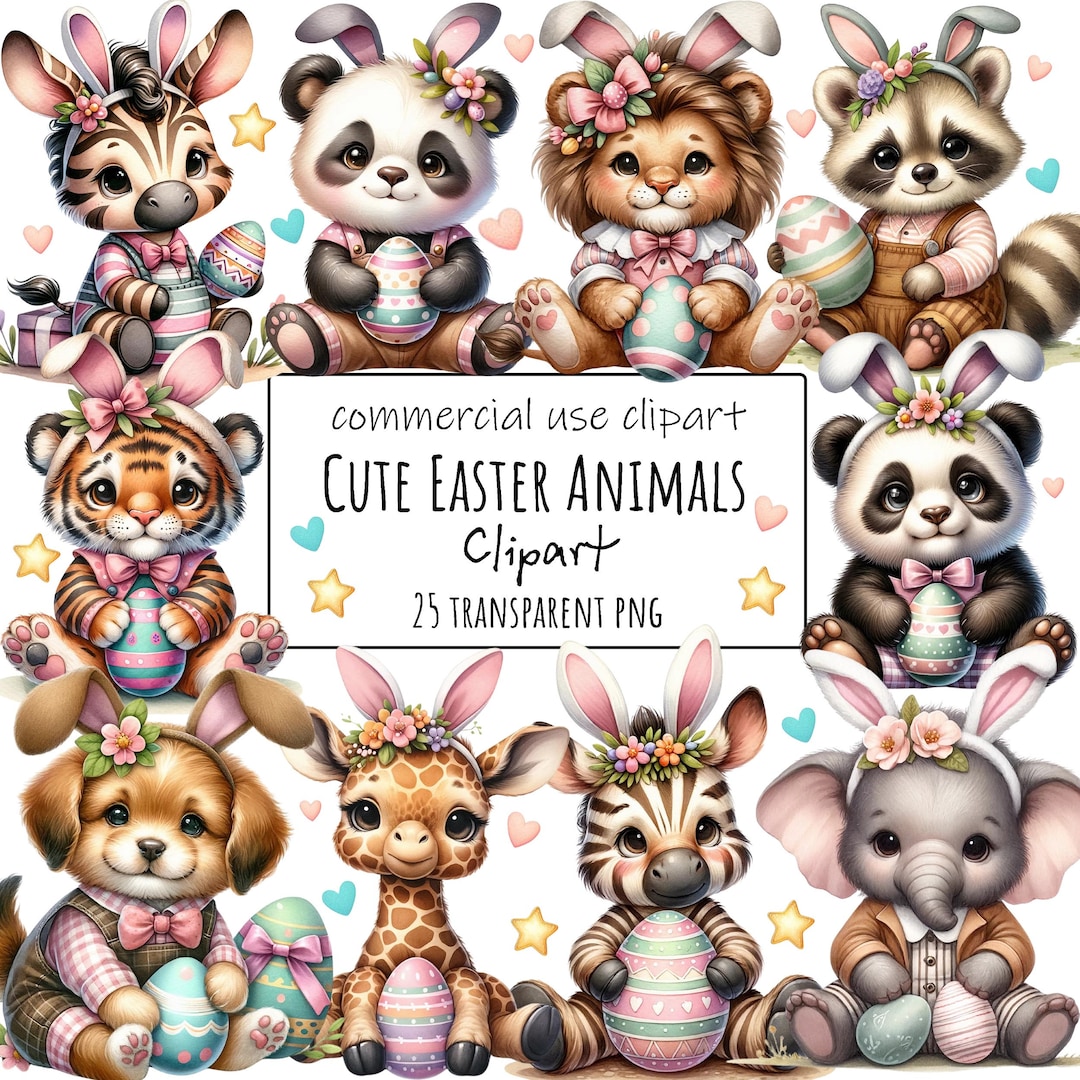 Cute Easter Animals Clipart PNG Bundle, Giraffe Lion Tiger Zebra Panda ...