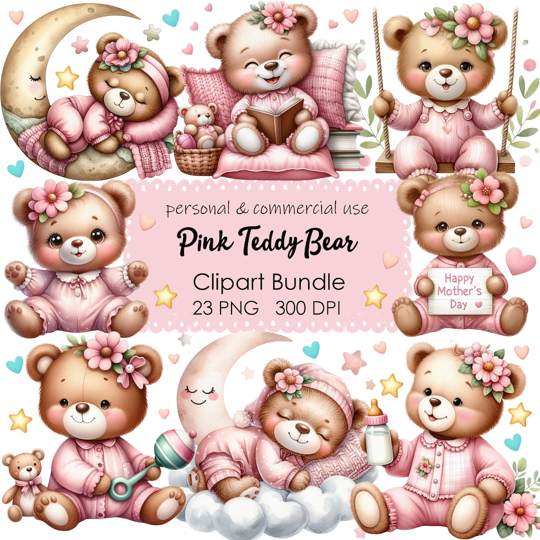 Watercolor Pink Teddy Bear Clipart, Pink Baby Teddy Bear Clipart, 23 ...