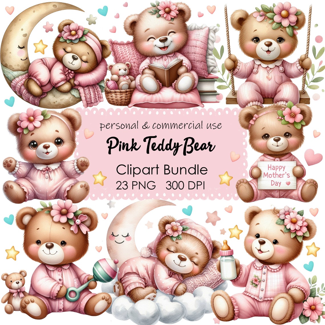 Watercolor Pink Teddy Bear Clipart, Pink Baby Teddy Bear Clipart, 23 ...