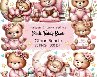 Watercolor Pink Sleepy Teddy Bear Clipart, 23 PNG Cute Baby Bear ...