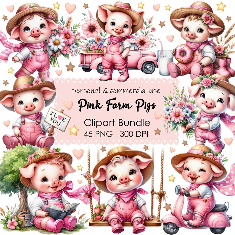 Farm Animal Watercolor Clipart Set 45 Pink Pig PNG Images for Card ...