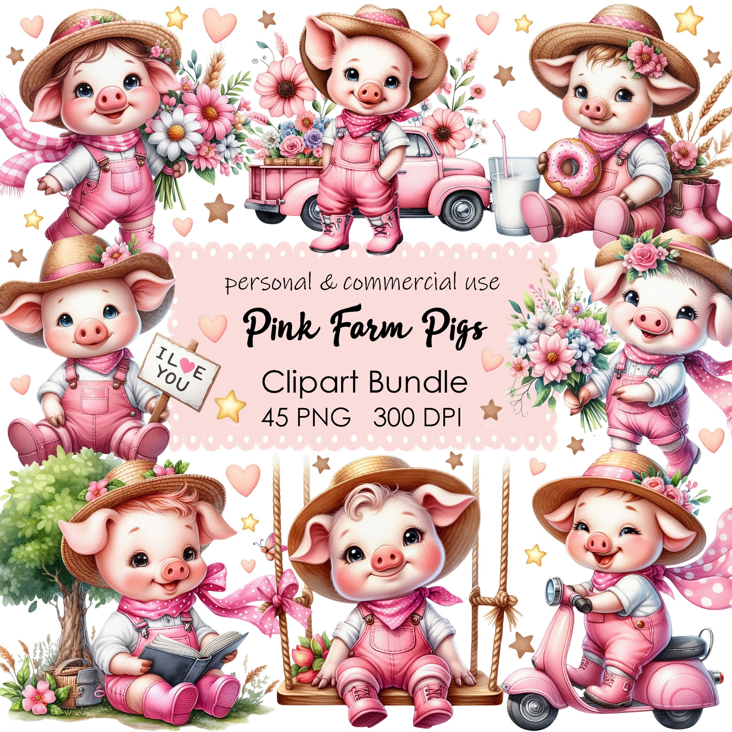 Farm Animal Watercolor Clipart Set 45 Pink Pig PNG Images for Card ...