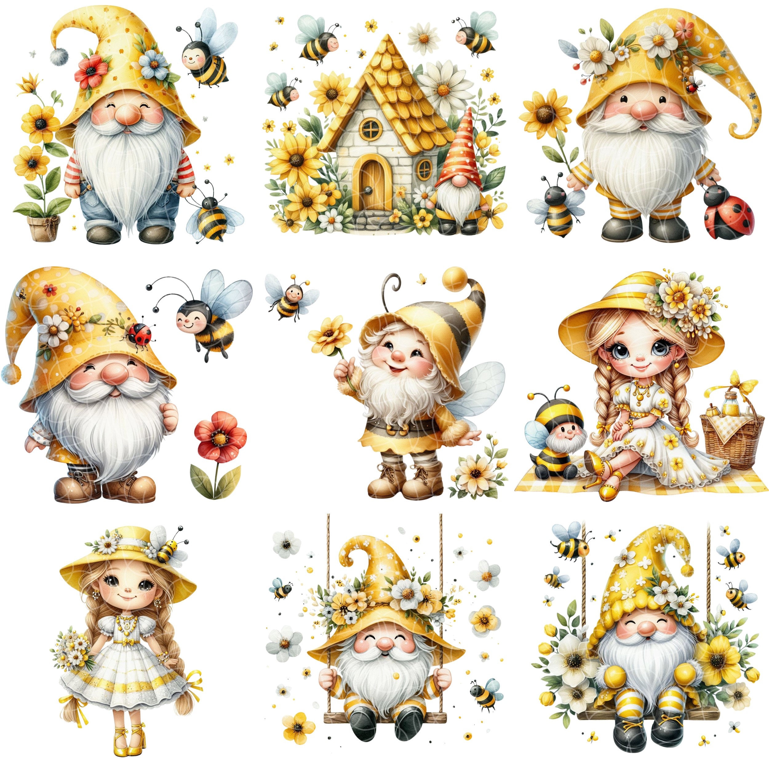 Watercolor Flower Bee Gnome Clipart Bundle: Spring Garden PNG (digital ...