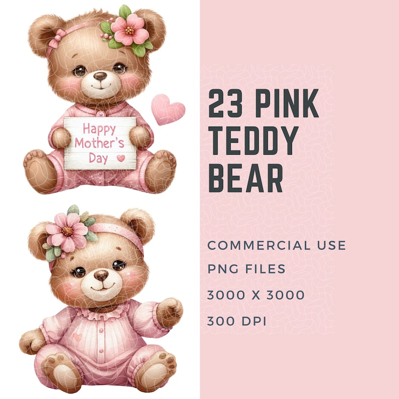 Watercolor Pink Teddy Bear Clipart, Pink Baby Teddy Bear Clipart, 23 PNG Cute Baby Bear Clipart ...