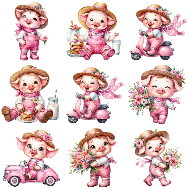 Farm Animal Watercolor Clipart Set 45 Pink Pig PNG Images for Card ...