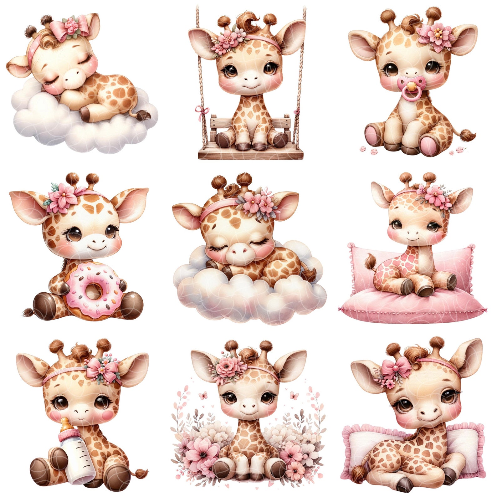 Adorable Watercolor Baby Giraffes Clipart Bundle - Nursery Decor, Baby ...