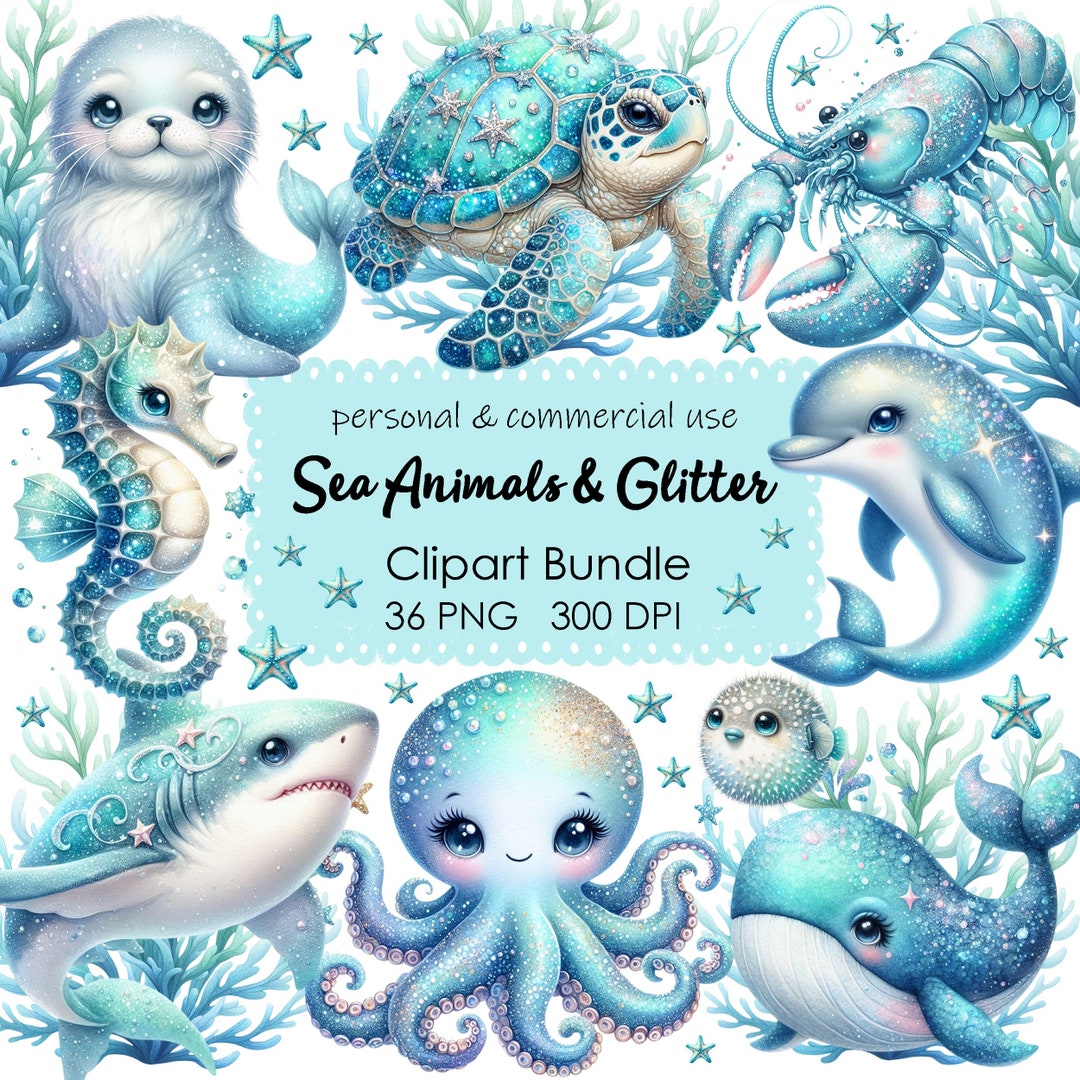 Adorable Glitter Sea Animals Clipart Pack - Cute Underwater Creatures ...