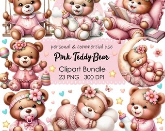Watercolor Pink Sleepy Teddy Bear Clipart, 23 PNG Cute Baby Bear ...