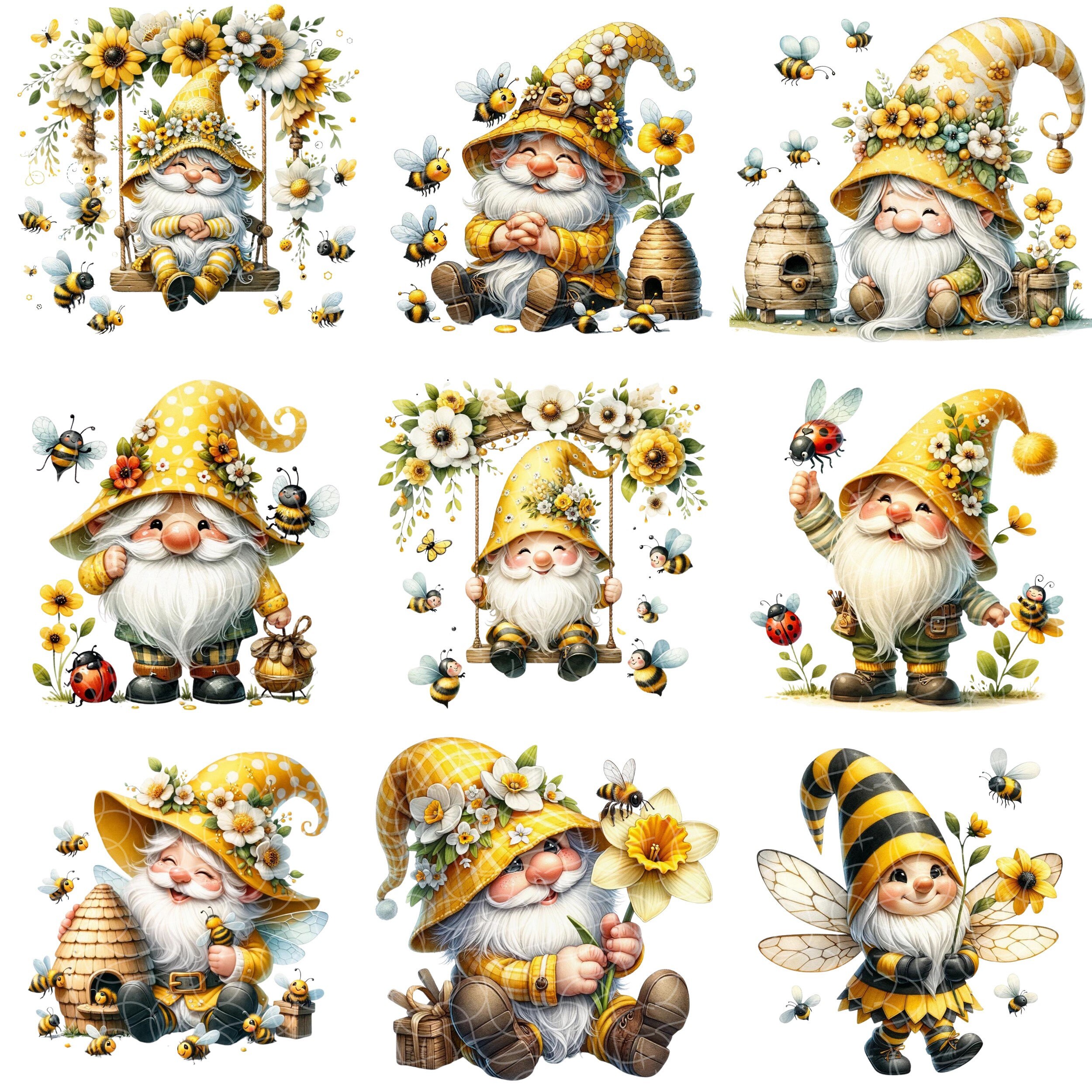 Watercolor Flower Bee Gnome Clipart Bundle: Spring Garden PNG (digital ...