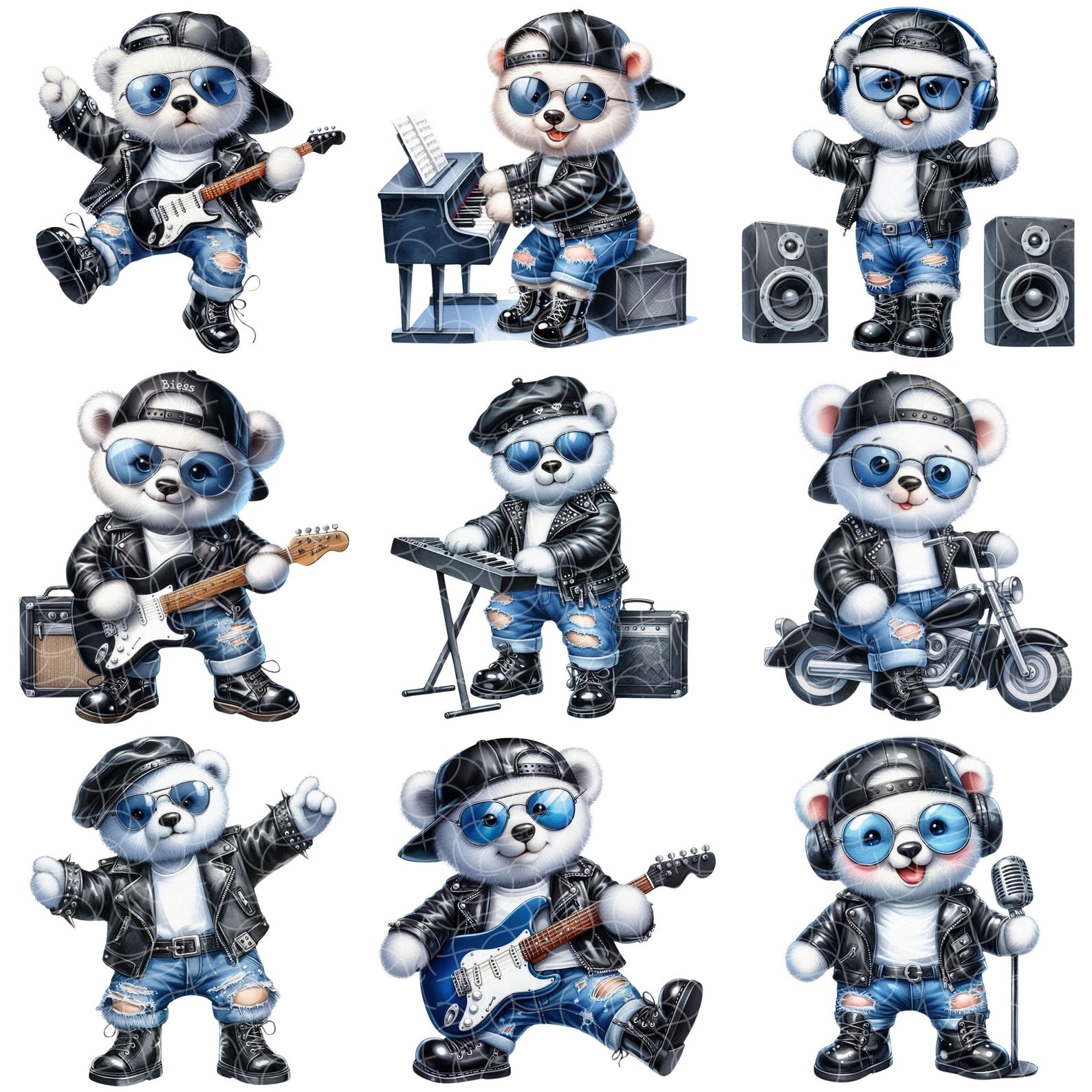 Whimsical Polar Bear Music Clipart - Guitar, Drums - Instant Download ...