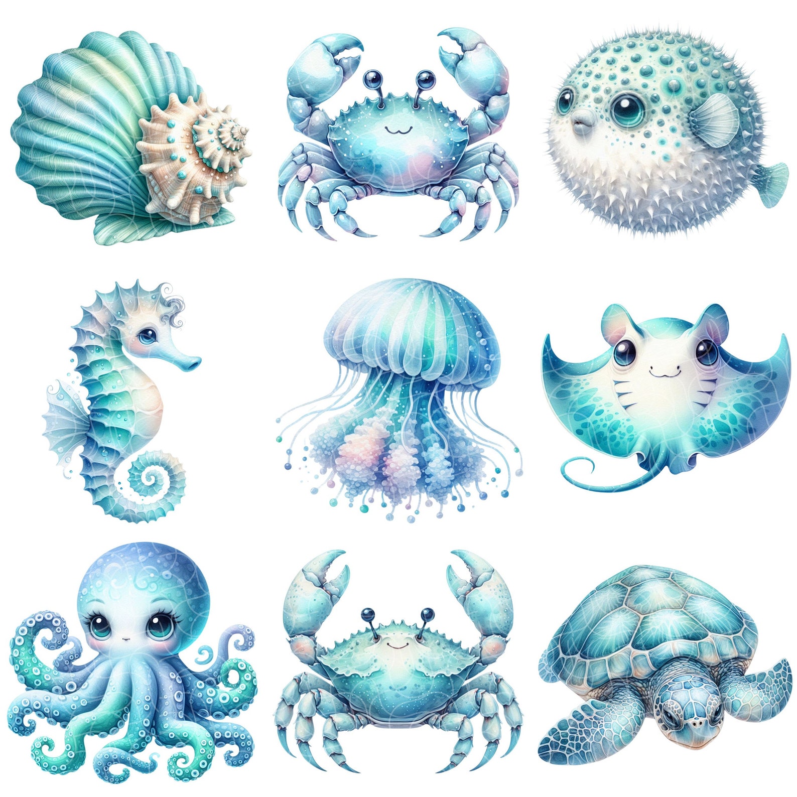 Under the Sea Clipart Bundle Cute Watercolor Ocean Animals PNG Instant ...