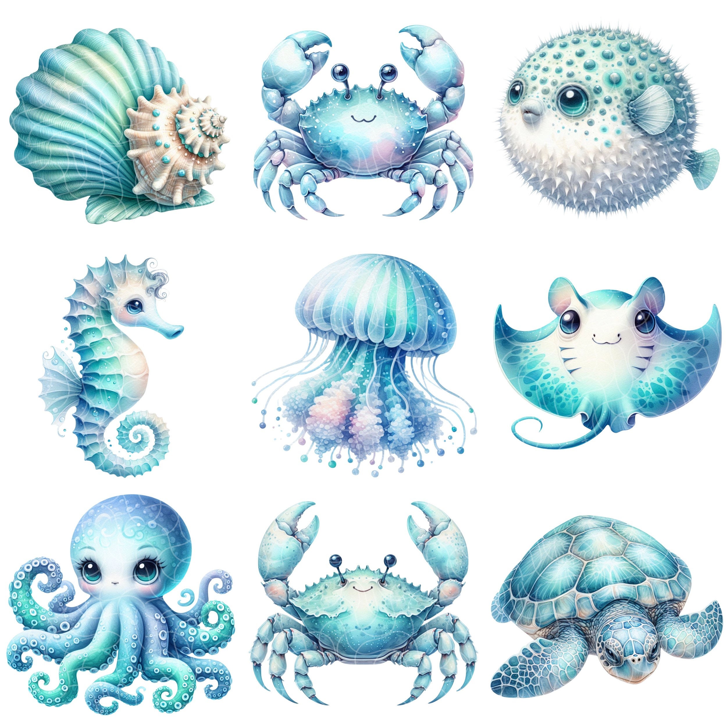 Under the Sea Clipart Bundle Cute Watercolor Ocean Animals PNG Instant ...