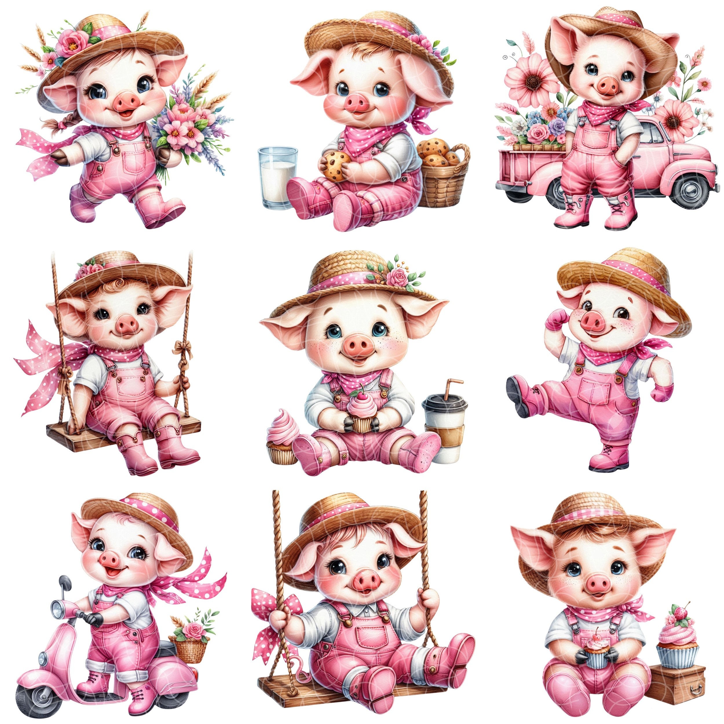 Farm Animal Watercolor Clipart Set 45 Pink Pig PNG Images for Card ...