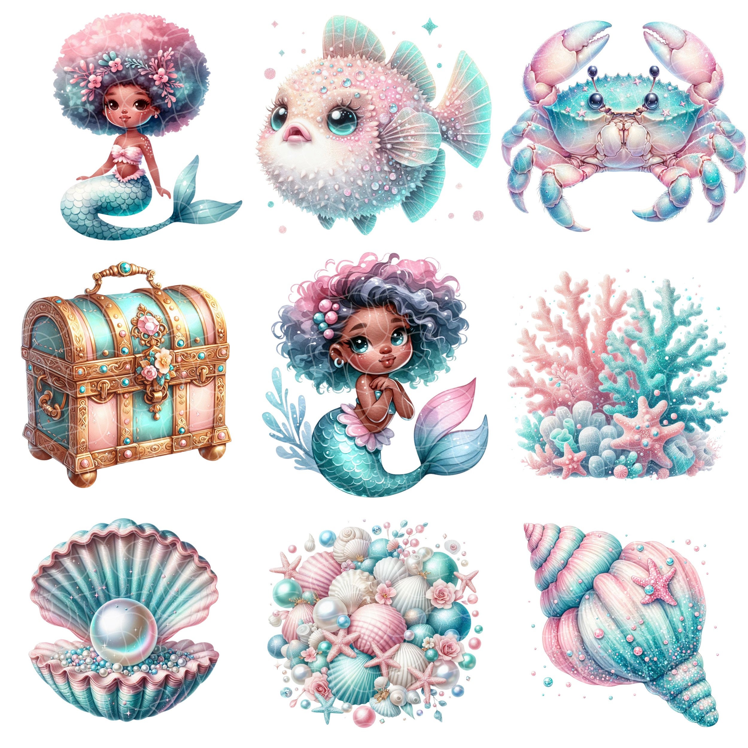 Cute Little African American Mermaids Clipart, Black Little Mermaids ...