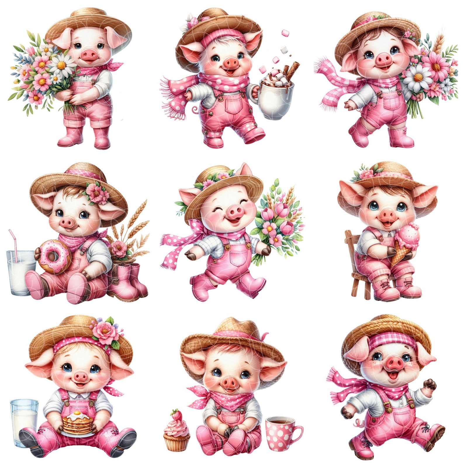 Farm Animal Watercolor Clipart Set 45 Pink Pig PNG Images for Card ...