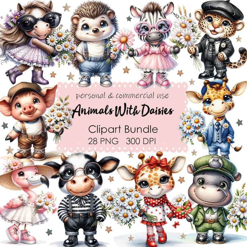 Daisy Animals Clipart: Floral PNG Bundle (digital Download) - Etsy