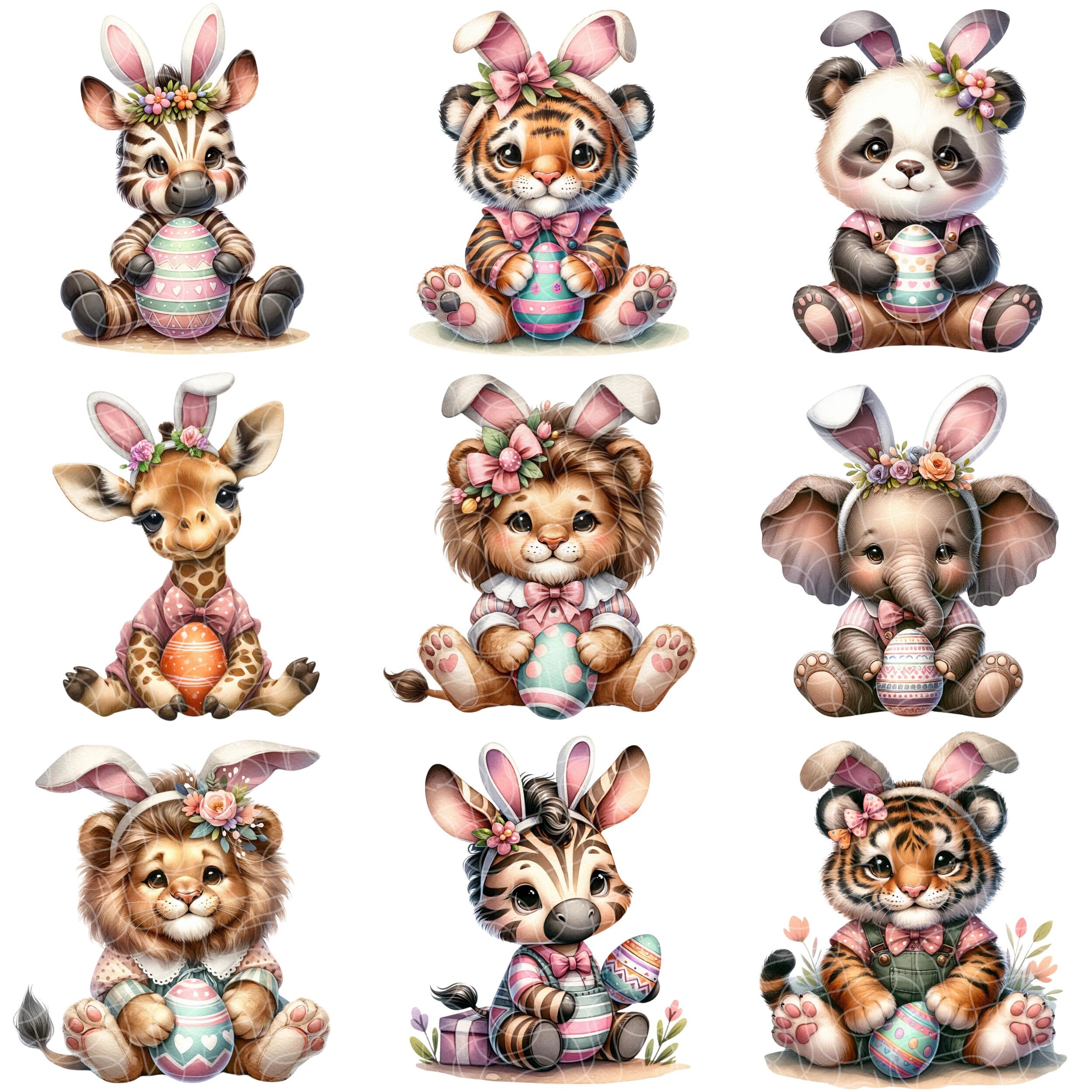 Cute Easter Animals Clipart PNG Bundle, Giraffe Lion Tiger Zebra Panda ...