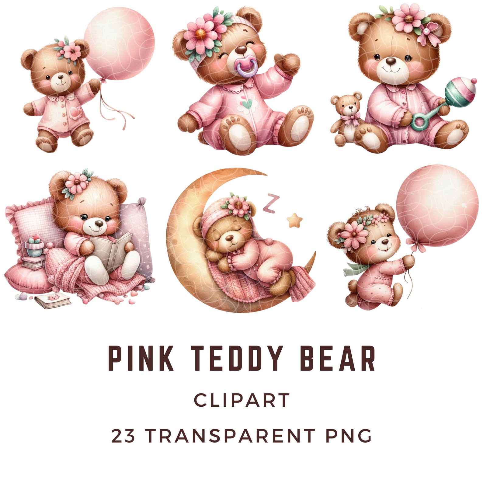 Watercolor Pink Teddy Bear Clipart, Pink Baby Teddy Bear Clipart, 23 ...