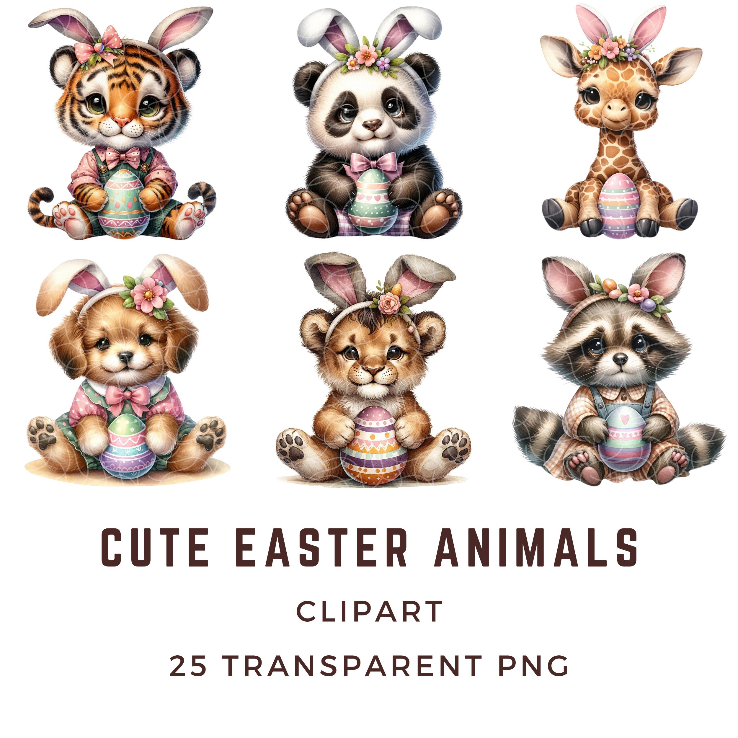 Cute Easter Animals Clipart PNG Bundle, Giraffe Lion Tiger Zebra Panda ...