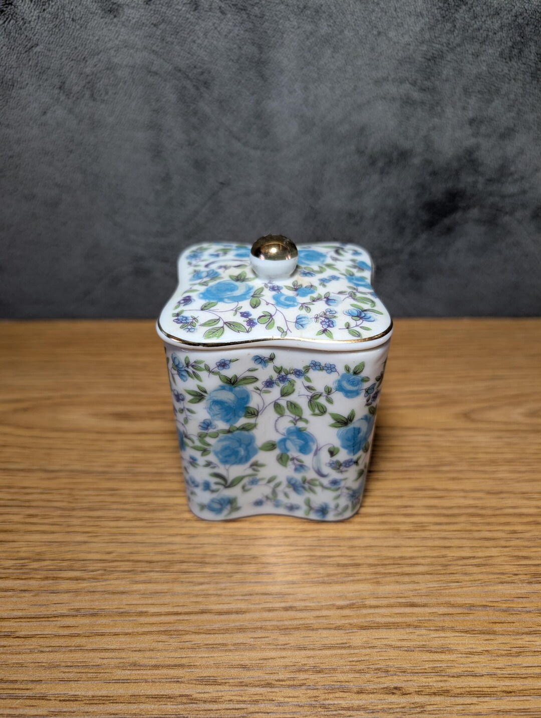 Porcelain Rectangle Canister W/lid Hand-painted Blue Floral W Lid Gold ...
