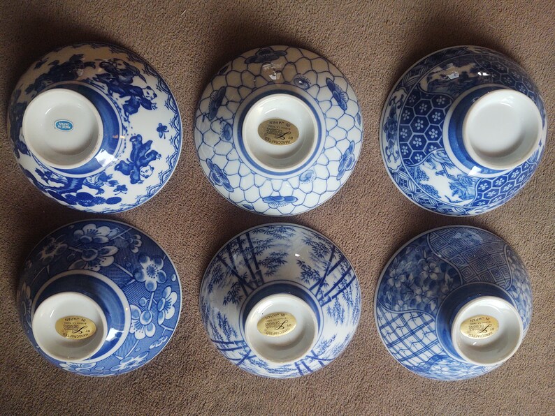Japanese Rice Bowls Blue & White Porcelain Set of 6 Japan No Chips or ...