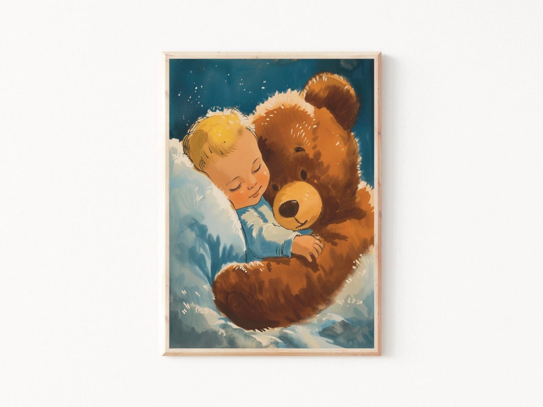 Teddy Cuddles Art Print, Nursery Wall Decor, Baby Boys Bedroom Art ...
