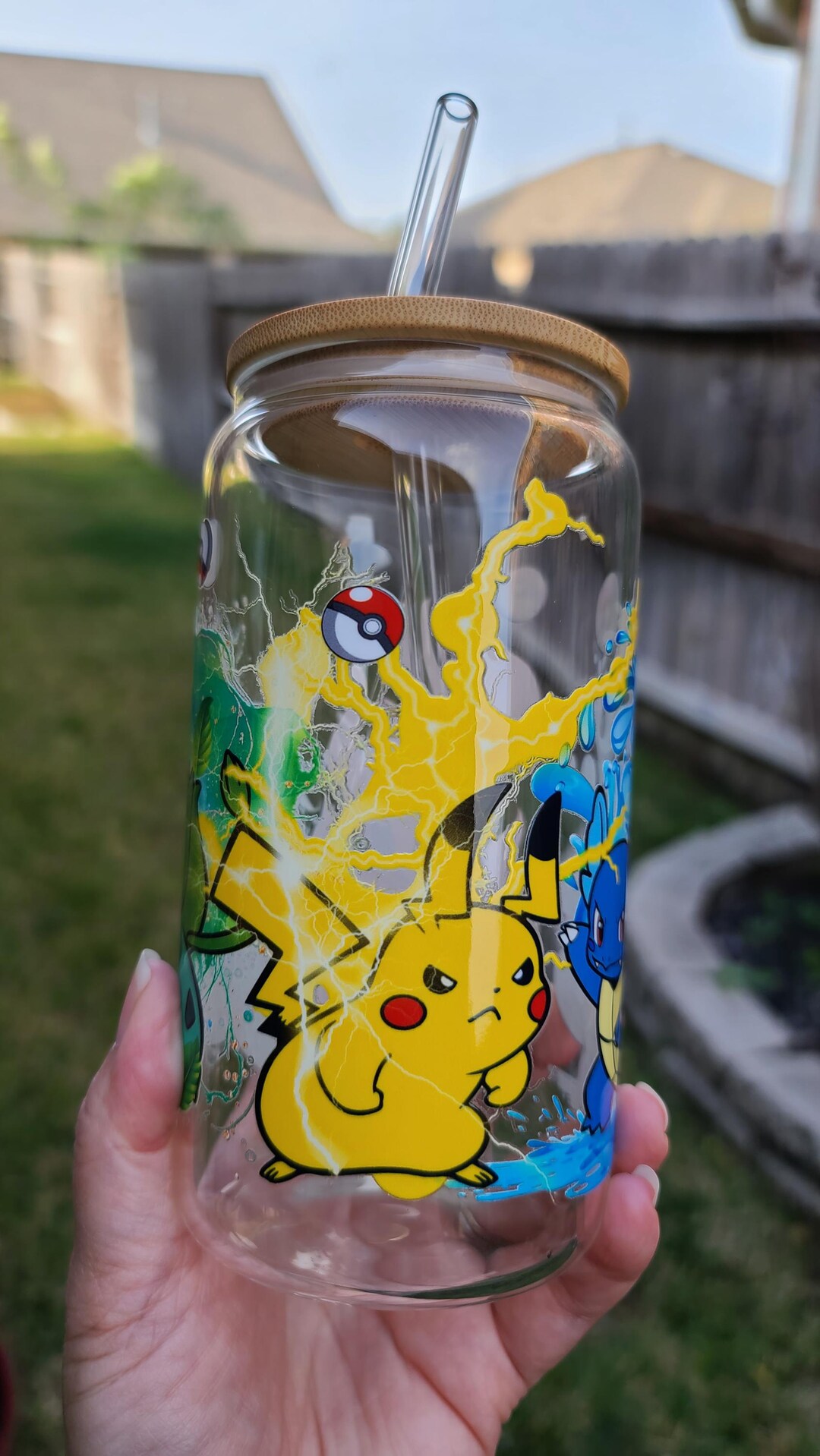 16 Oz. Pokemon Glass Beer Can Cup Tumbler With Bamboo Lid and Glass ...