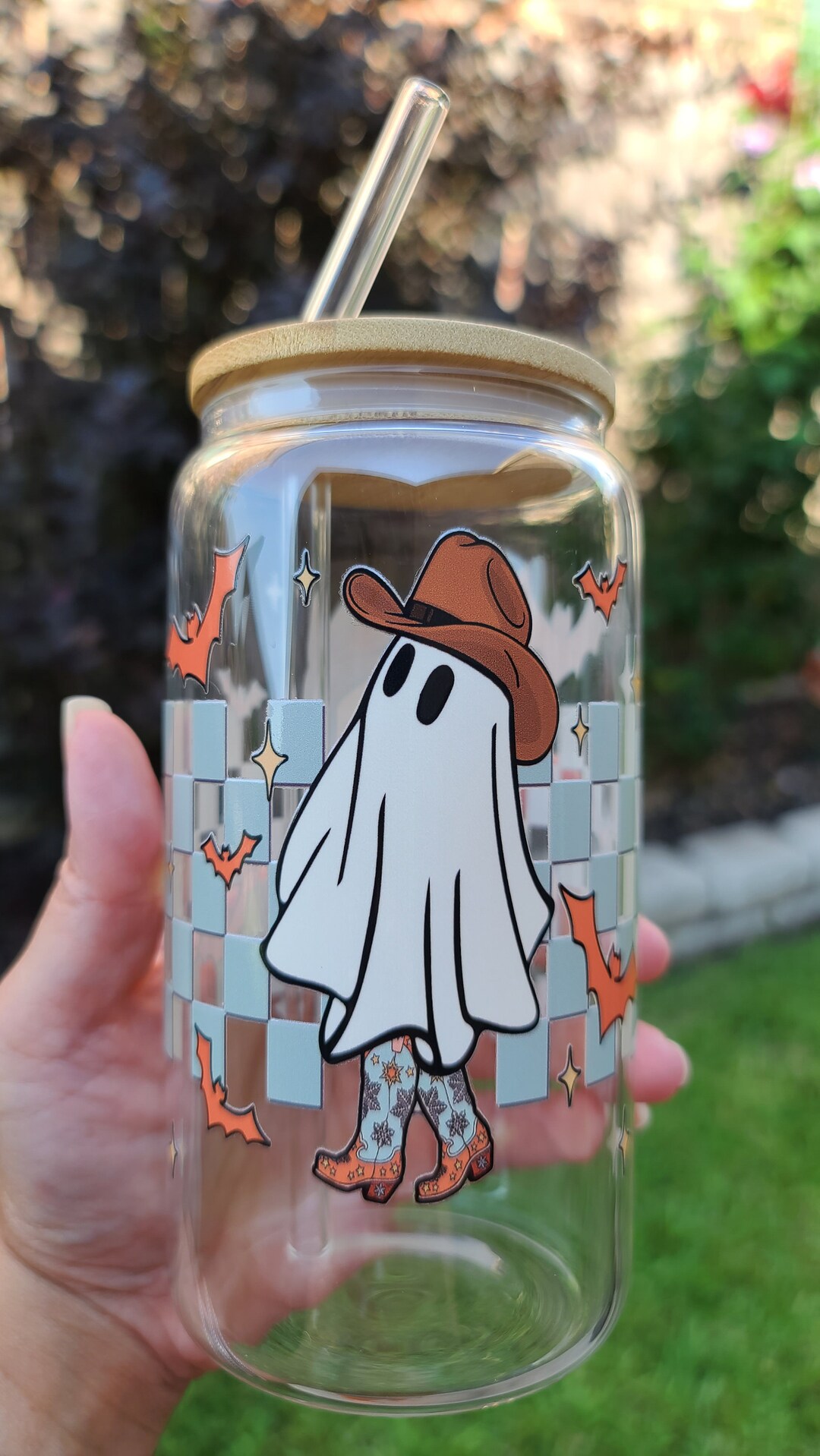 16 Oz. Checkered Cowboy Hat Ghost Bats Halloween Summerween Glass Beer ...