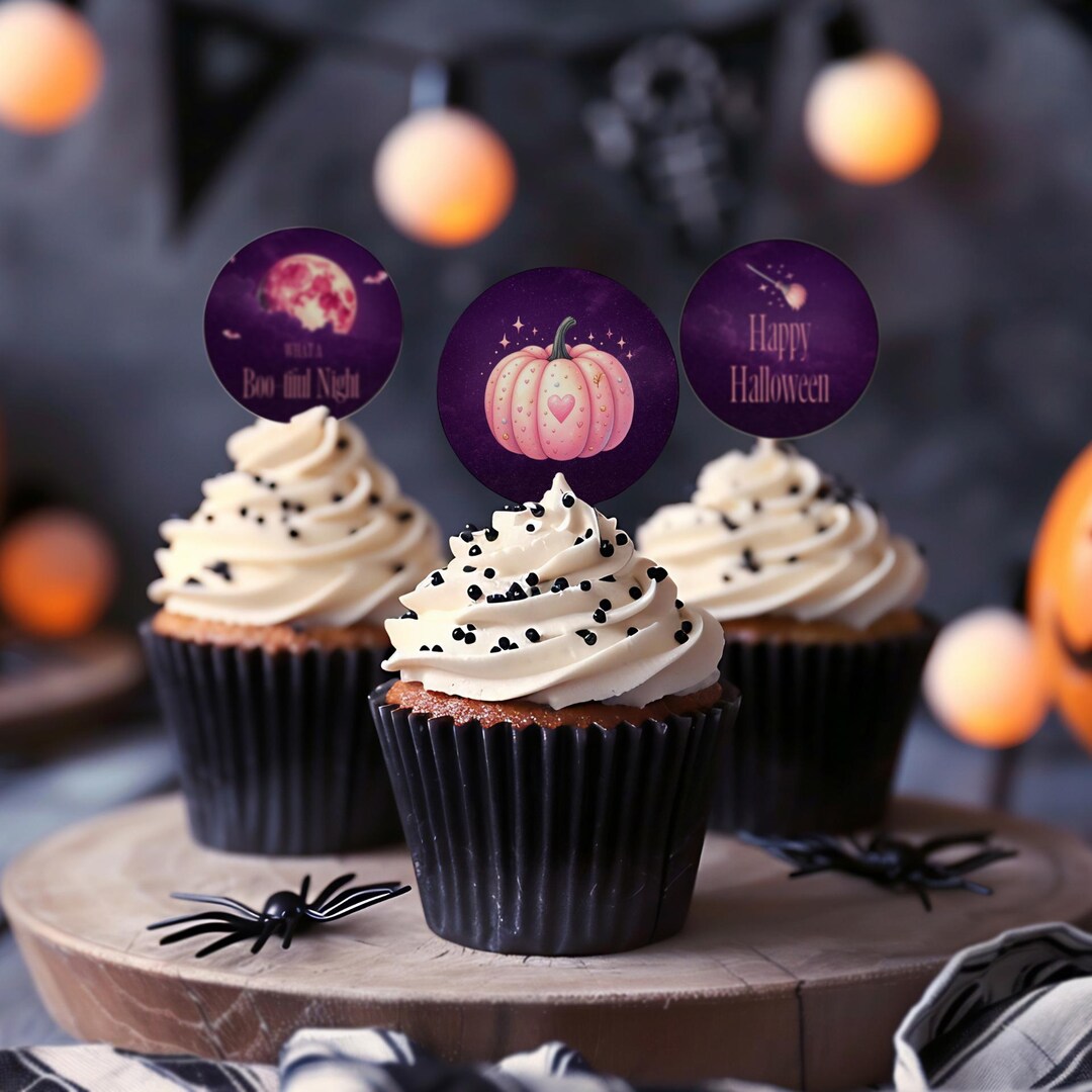 Pink Pumpkin Halloween Cupcake Toppers | Purple Party Decor (PDF) - Etsy