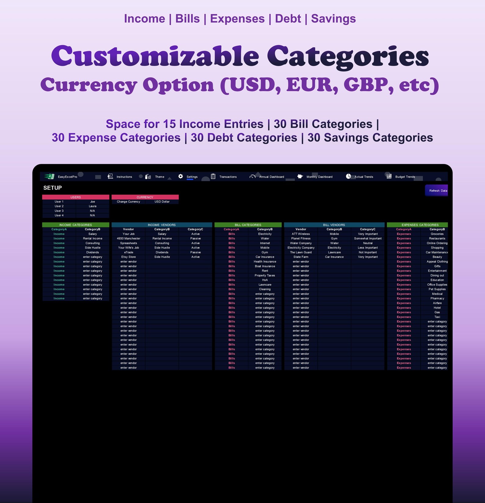 Dark Mode Budget Spreadsheet: Annual & Monthly Excel Template (digital ...