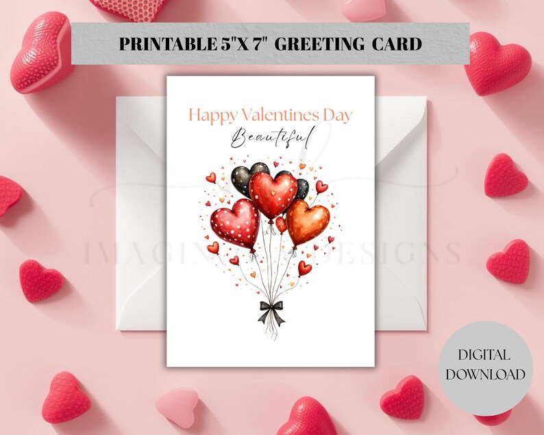 Heart Balloons Valentine's Day Card for Her (digital Download, 5x7 ...